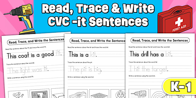 Read, Trace, and Write CVC -it Word Family Worksheets