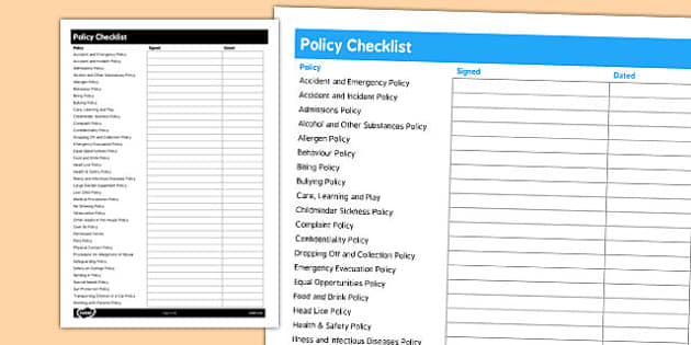 Policy Checklist for Childminders (teacher made)