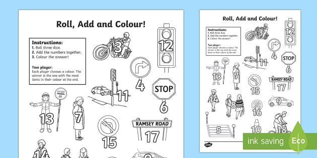 Road Safety Three Dice Addition Roll and Colour Worksheet / Worksheet