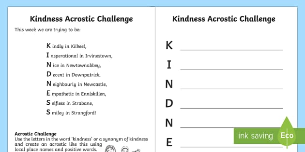 Kindness Acrostic Poem Worksheet Activity Sheet NI Kindness