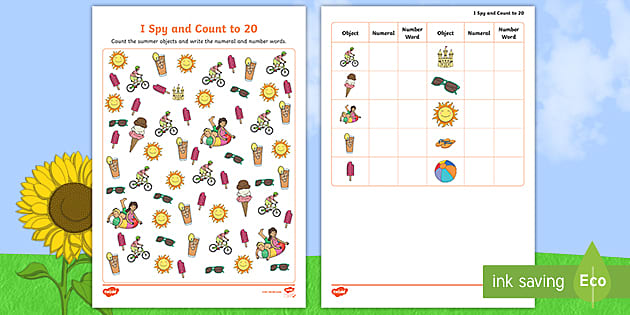 Summer-Themed I Spy and Count to 20 Worksheet (teacher made)