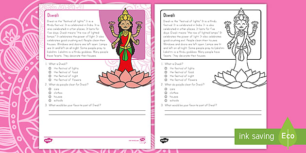 First Grade Diwali Reading Passage Comprehension Activity