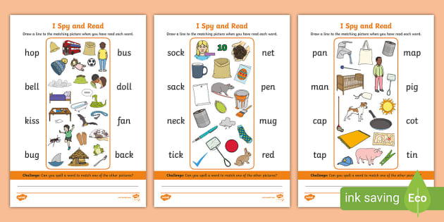 I Spy and Read: Phase 2 Phonics– Picture Reading Worksheets