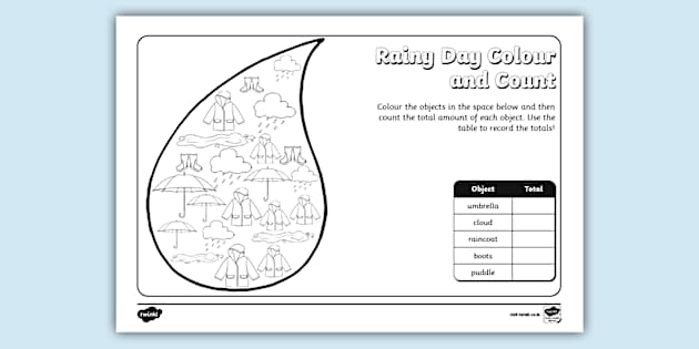 Rainy Day Colour and Count Worksheet (teacher made) - Twinkl
