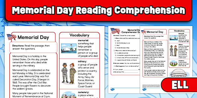 Memorial Day Reading Passage Comprehension Worksheet for ELL