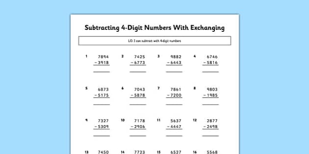 Subtracting 4 Digit Numbers with Exchanging (teacher made) Subtracting 4 Digit Numbers with Exchanging (teacher made)