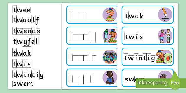 Bou Woorde Met Beginklanke -tw, -sw en -kw Woordkaarte