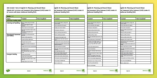 SID: Grade 1 Term 3 English HL Planning and Record Sheet