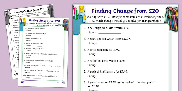 👉 Finding Change from £20 Maths Worksheet (teacher made)