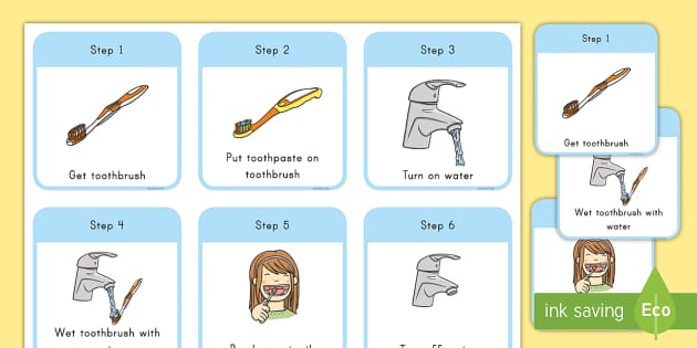 Brushing Teeth Step-by-Step Instructions - toothpaste, toothbrush, water