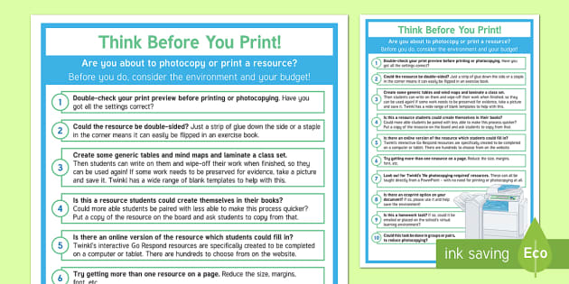 Think Before You Print A2 Display Poster (teacher made)