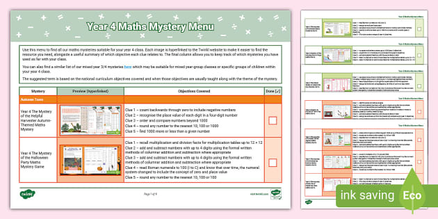 👉 Year 4 Maths Mystery Menu (teacher made) - Twinkl