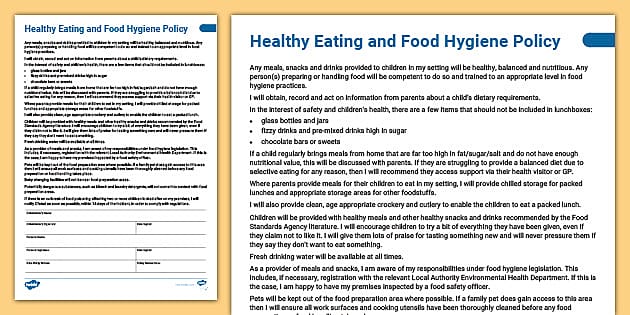 Food Hygiene Policy and Healthy Eating Policy Childminders