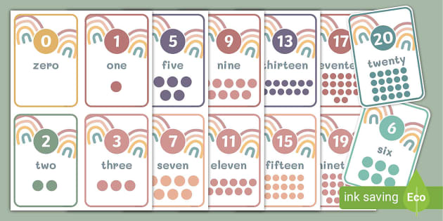 👉 Muted Rainbow Numbers and Words Flashcards 0-20