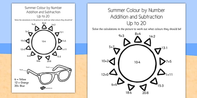 Summer Color by Number Addition and Subtraction Up to 20 - 20