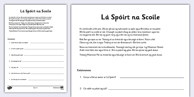 Lá Spóirt Na Scoile Comprehension Worksheet Gaeilge
