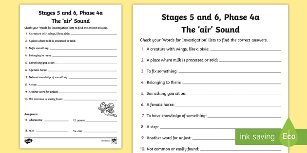 Northern Ireland Linguistic Phonics Stage 5 and 6 Phase 4a, 'air' Sound ...