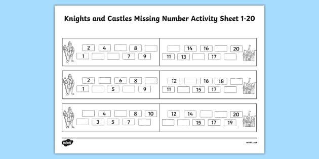 Knights and Castles Missing Number Worksheet 1-20 - numbers
