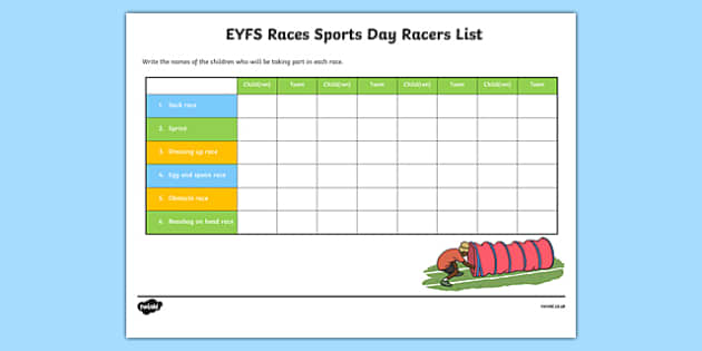 EYFS Races Sports Day Racers List teacher Made Twinkl eyfs-races-sports-day-racers-list-teacher-made-twinkl