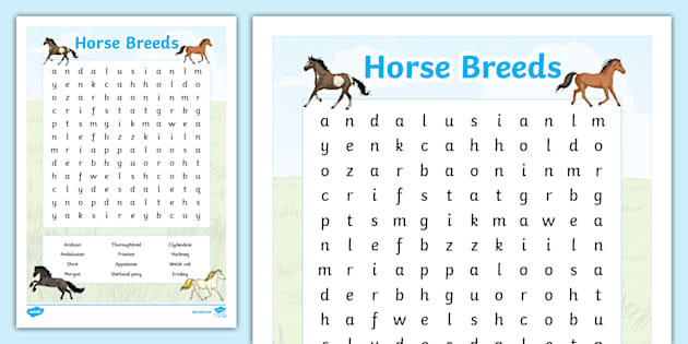 Horse Breeds Word Search - KS2 - Animals - Horses - Mammals