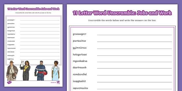 11 Letter Long Words: Jobs and Work Unscramble Activity Sheet