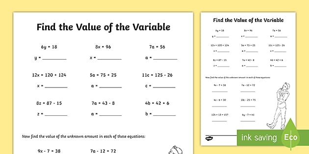 Find the Value of the Variable Worksheet (teacher made)