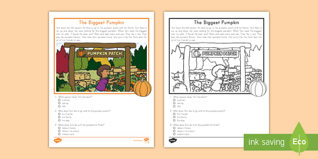 First Grade The Biggest Pumpkin Reading Passage Comprehension Activity