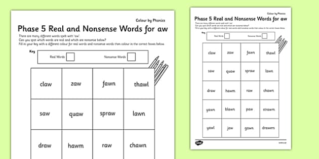 Phase 5 'aw' Words Worksheet - Real and Fake Words Colouring