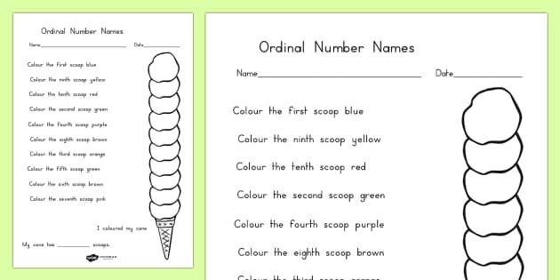 Ordinal Number Ice Cream Colouring Worksheet - food, order, sort