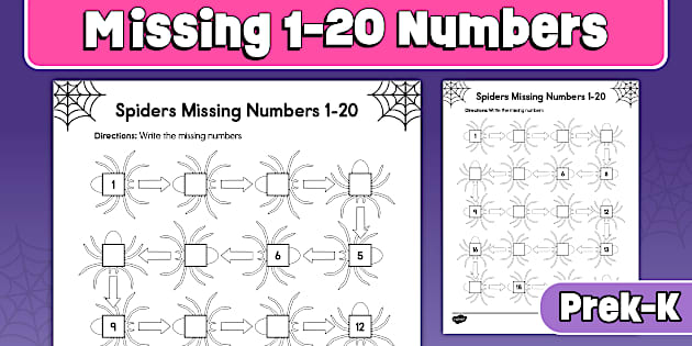 Spiders Missing Numbers 1-20 Worksheet for PreK-K