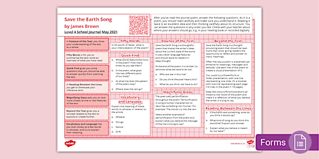 L4 May 2021 School Journal: Save the Earth Song Poem Comprehension
