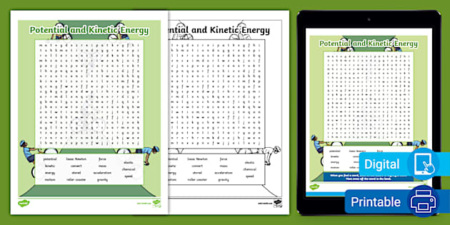 Potential and Kinetic Energy Word Search for 6th-8th Grade