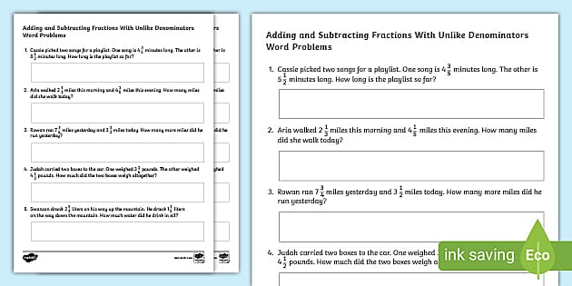 Fractions With Unlike Denominators Addition And Subtraction