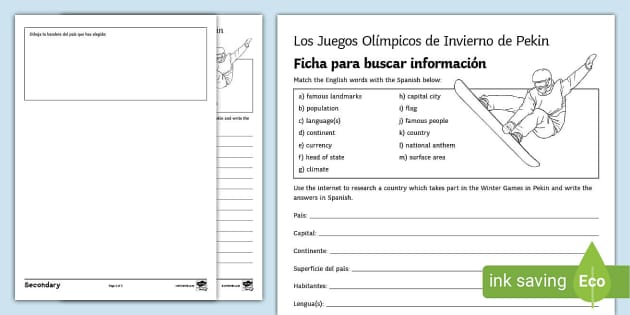 Winter Olympics 2018 Research with Support Worksheet / Worksheet Spanish