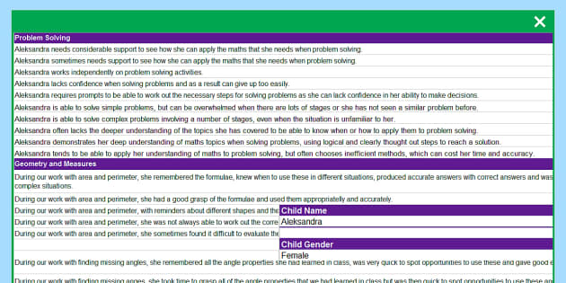 Report Writing Bank of Statements KS3/4 Maths Spreadsheet