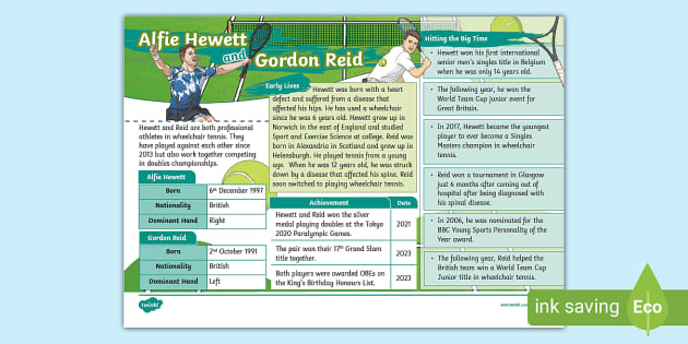 Alfie Hewett and Gordon Reid Fact File - KS2 - Tennis - PE Alfie Hewett and Gordon Reid Fact File - KS2 - Tennis - PE