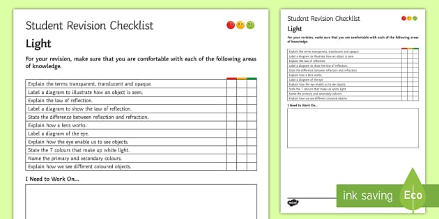 Light Student Revision Checklist - Twinkl