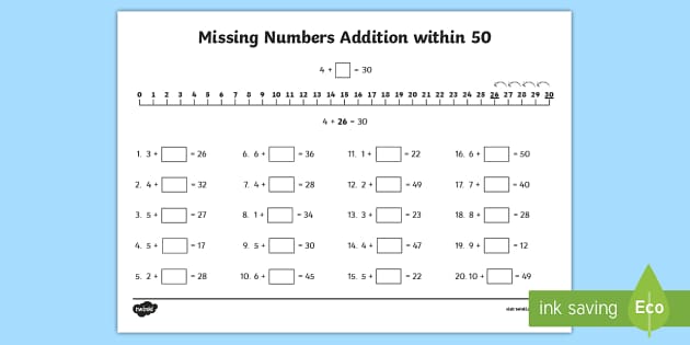 Missing Numbers Addition within 50 Worksheet / Worksheet - adding, add