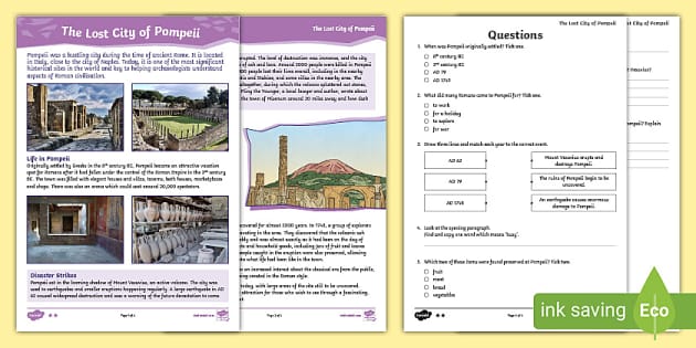 LKS2 Pompeii Reading Comprehension PDF - Pompeii Worksheets