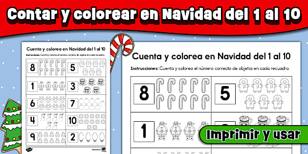 Actividad navideña de contar y colorear del 1 al 10