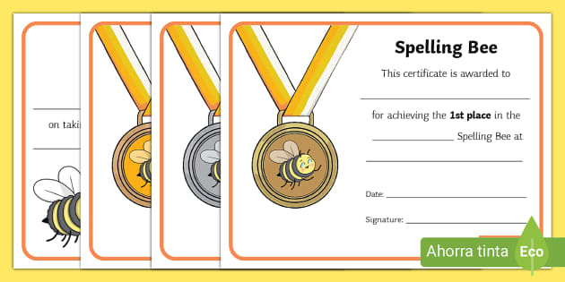 Spelling Bee - diplomas de participación y lugares - Twinkl