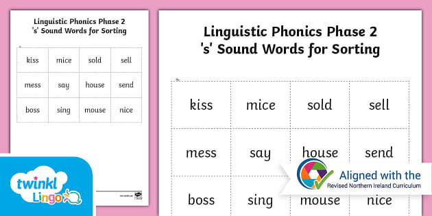 Northern Ireland Linguistic Phonics 2 's' Sound Words for Sorting Sheet