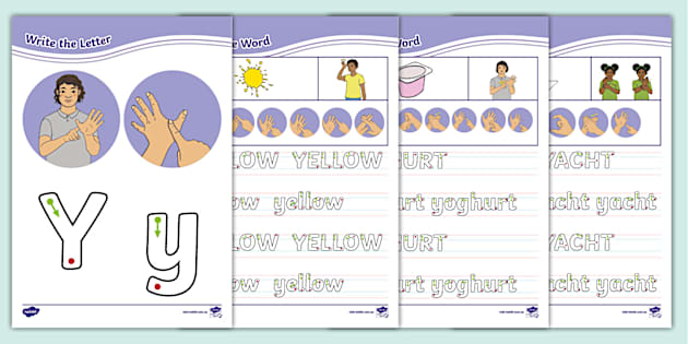 Words Starting with Y Handwriting Worksheets with Auslan