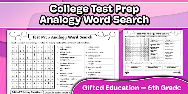 College Test Prep Analogy Word Search for Gifted Education