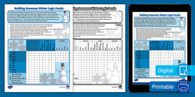 Building Snowmen Winter Logic Puzzle for 6th-8th Grade