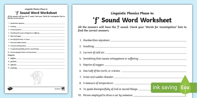 Linguistic Phonics Phase 4c 'f' Sound Word Worksheet