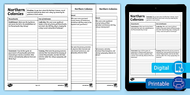 Northern Colonies Graphic Organizer for 6th-8th Grade