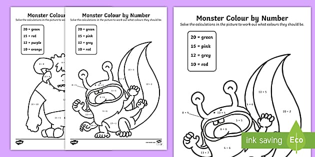 Monsters Colour by Number Addition up to 20 Worksheet