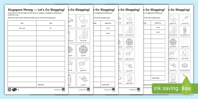 Singapore Money – Shopping List Differentiated Worksheets