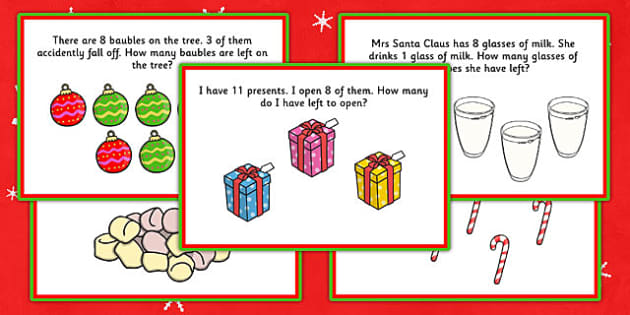 Christmas Themed Subtraction Word Problem Challenge Cards